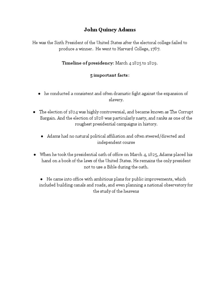 John Quincy Adams: Timeline of Presidency: 5 Important Facts | PDF ...