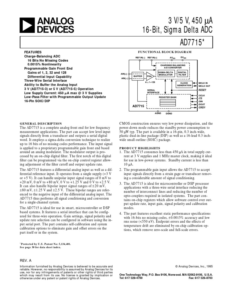 3 V/5 V, 450 A 16-Bit, Sigma Delta ADC AD7715 : Ma Max at 3 V Supplies ...