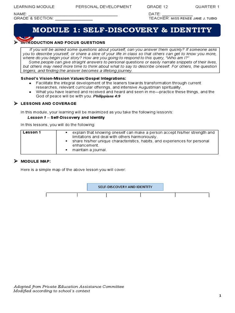 Module 1: Self-Discovery & Identity: Introduction and Focus Questions ...