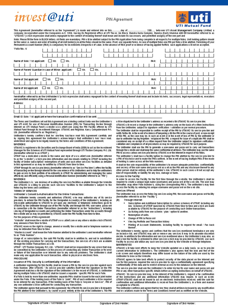 UTI Mutual Fund PIN Agreement Form | PDF | Personal Identification ...