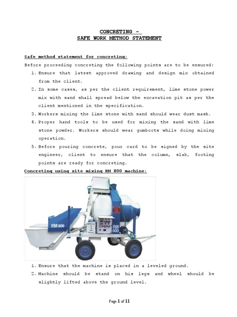 Safe Work Method Statement for Concrete Pouring Operations | PDF | Concrete | Pump