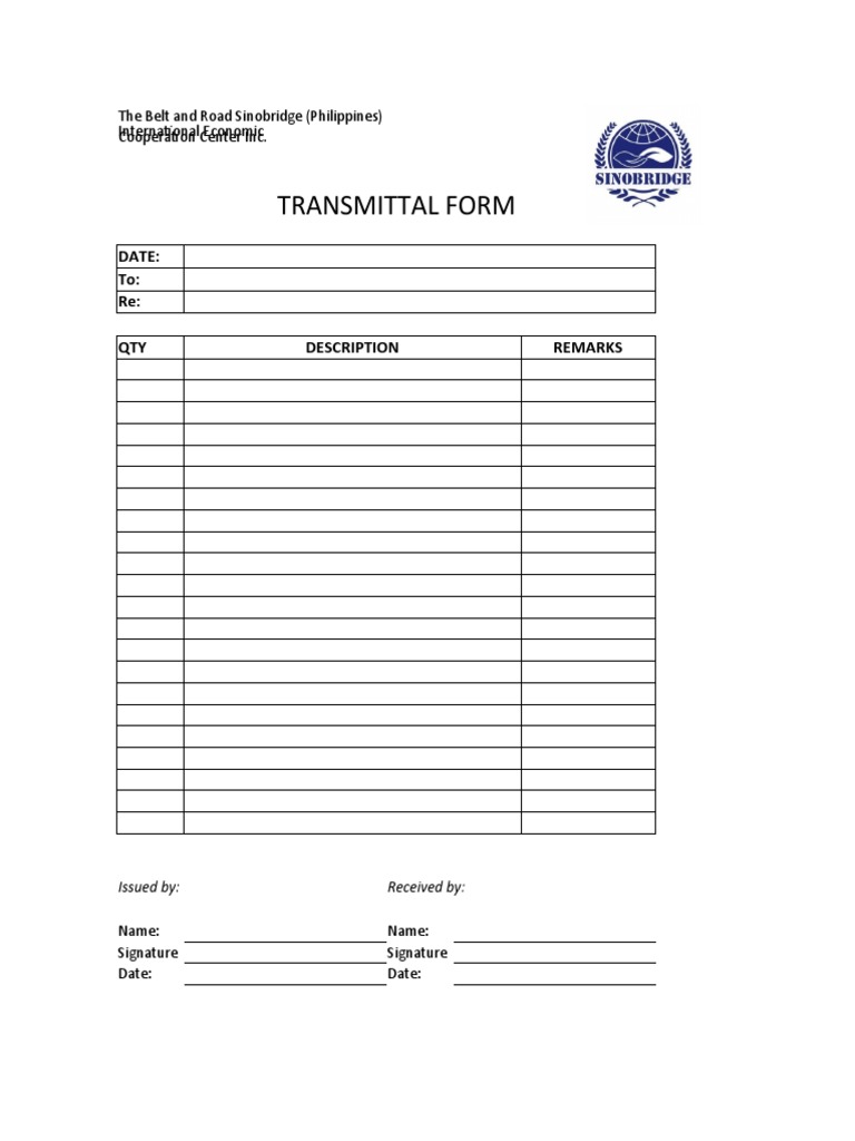 Transmittal Form: Date: To: Re: QTY Description Remarks | PDF