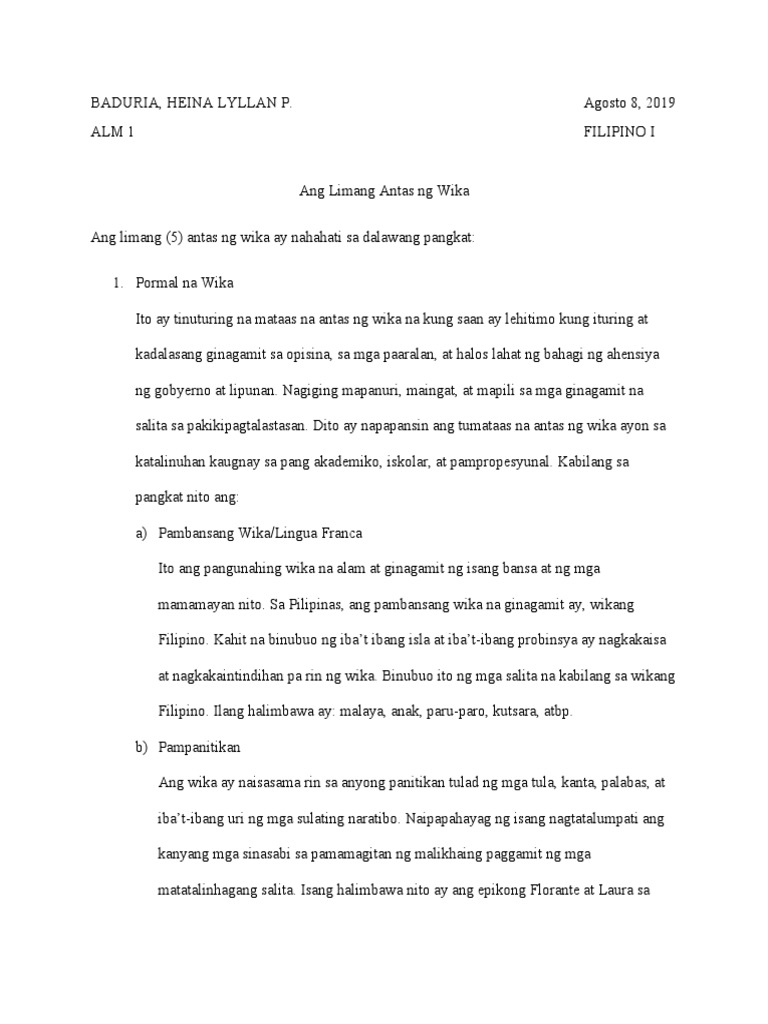 Filipino Assignment - Antas NG Wika | PDF