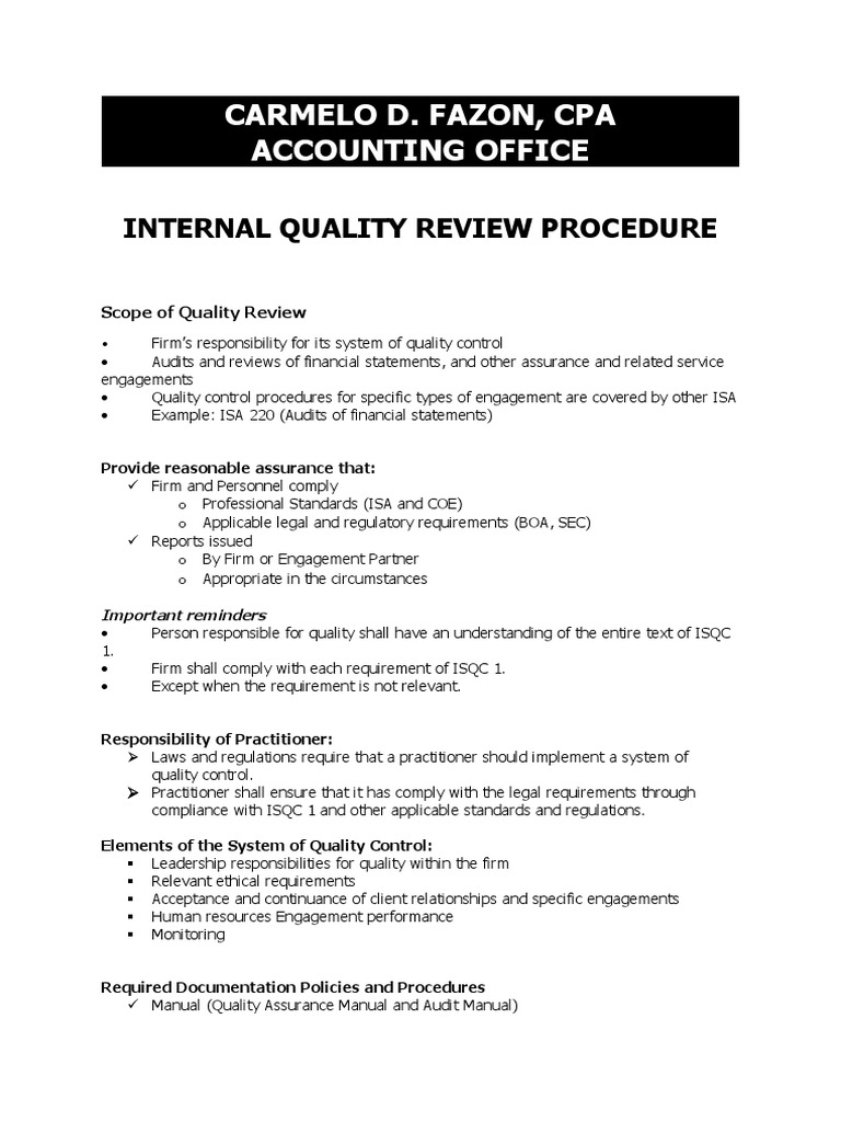 CARMELO D. FAZON - Internal Quality Review Procedures | PDF | Audit ...