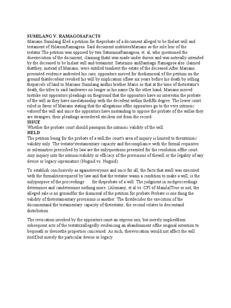 Sumilang V | PDF | Will And Testament | Probate