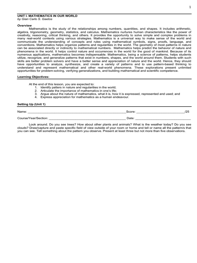 Unit 1 - Mathematics in Our World | PDF | Pattern | Teaching Mathematics