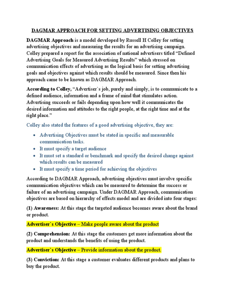 Setting Advertising Objectives Using the DAGMAR Approach: A Focus on ...