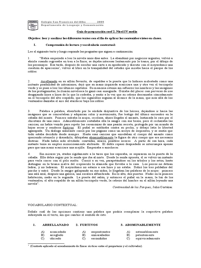 Comprensión de Lectura 43 (La Continuidad de Los Parques) | PDF | Novelas