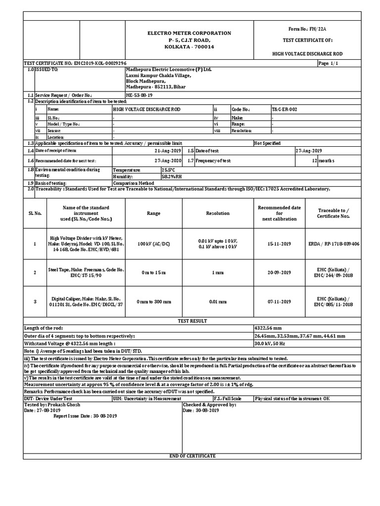 High Voltage Discharge Rod Test Certificate | PDF | Voltage | Calibration