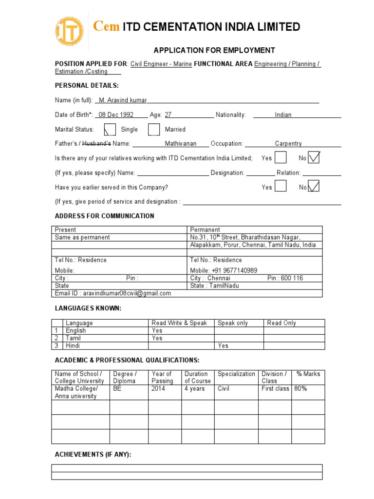 Itd Cementation India Limited: Application For Employment | PDF | Tamil ...