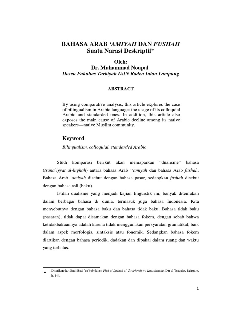 Dualisme Bahasa Arab: Amiyah vs Fushah | PDF