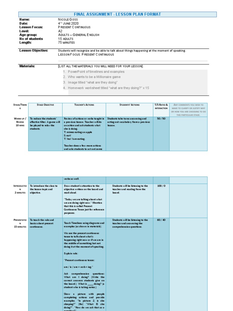 TEFL Lesson Plan For Adults | PDF | Lesson Plan | Question