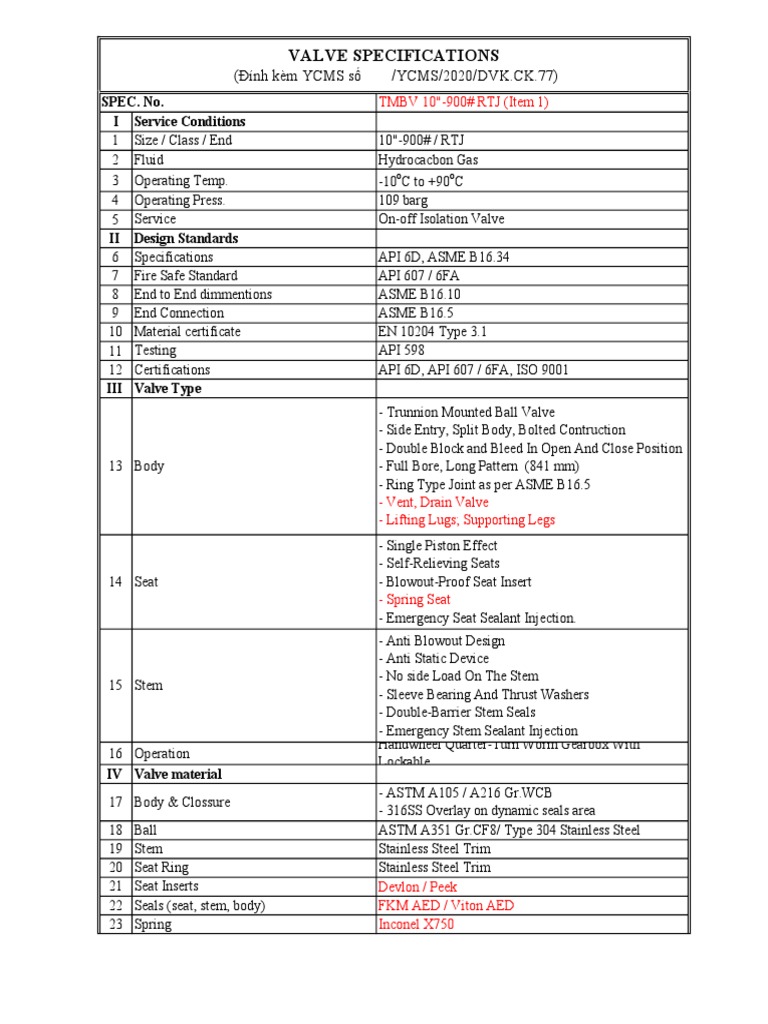 Valve Specifications: (Đính kèm YCMS số /YCMS/2020/DVK.CK.77) | PDF | Valve | Manufactured Goods