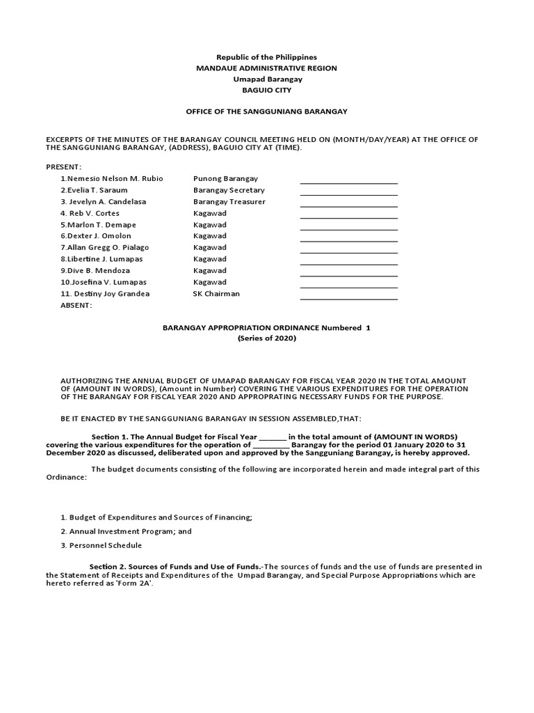Approval of the Umapad Barangay Annual Budget and Appropriation ...