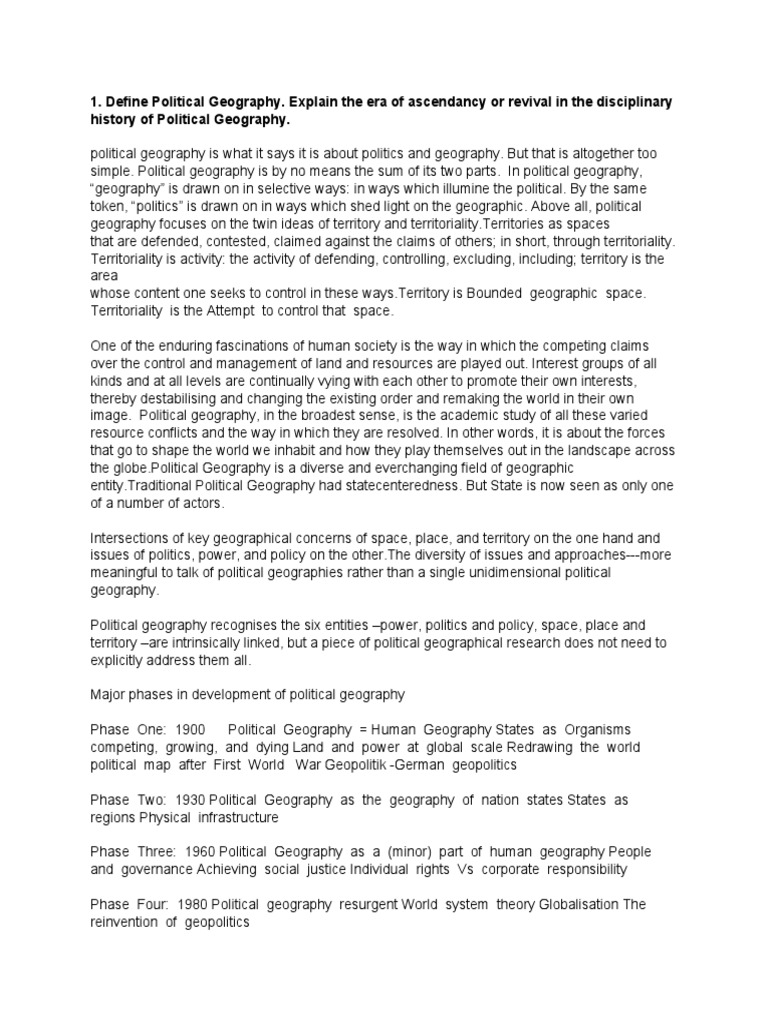 Define Political Geography. Explain The Era of Ascendancy or Revival in ...