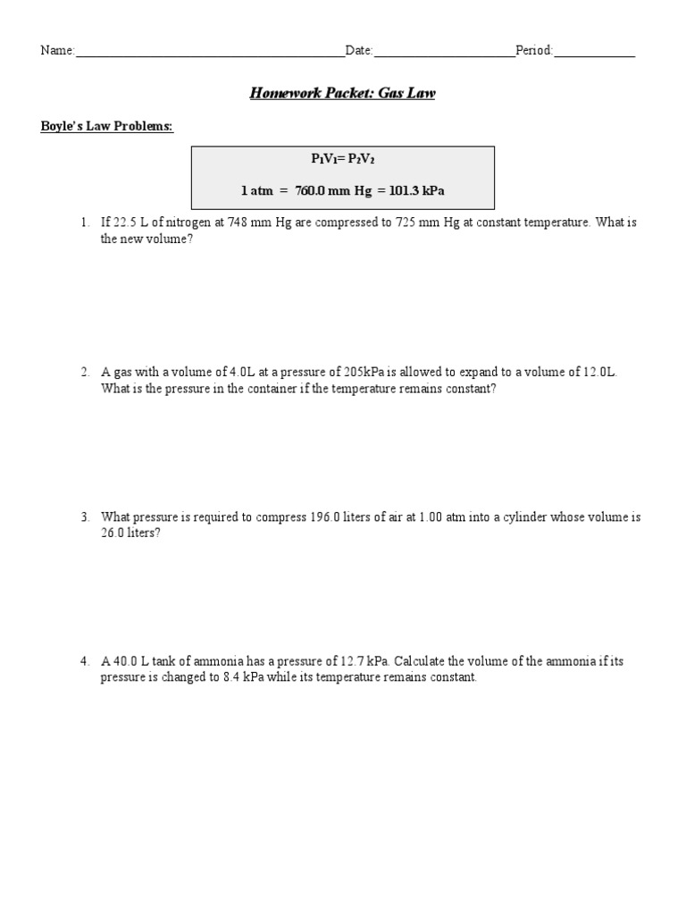 Homework Packet: Gas Law: Boyle'S Law Problems: P V P V 1 Atm 760.0 MM ...