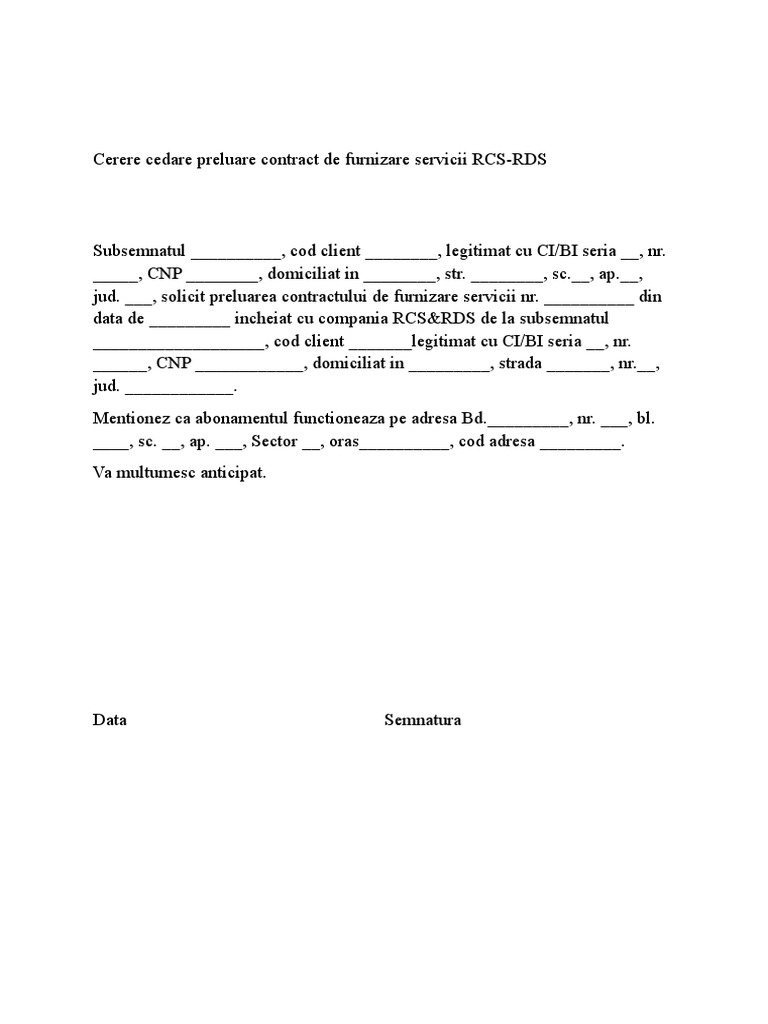 Cerere Cedare-Preluare Contract RCS-RDS | PDF