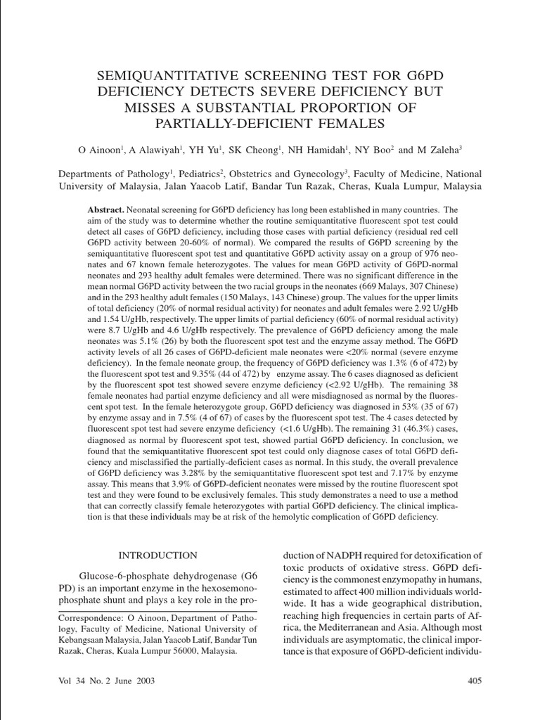G6PD Deficiency Screening Test Study | PDF | Biology | Wellness