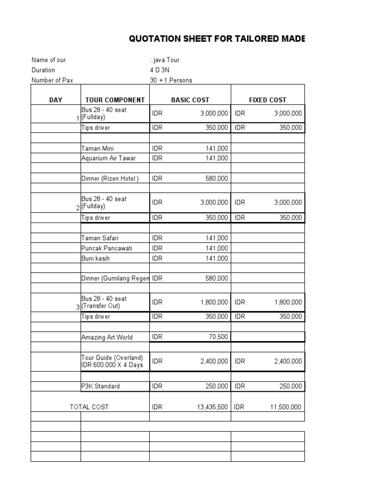 Tour Quotation Fasya Nur Rahman XII UPW 2 | PDF | Pricing | Management ...