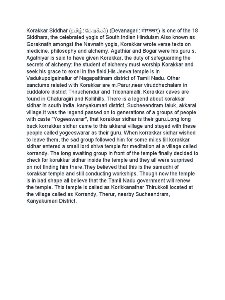 Korakkar Siddhar: Legacy and Temples | PDF