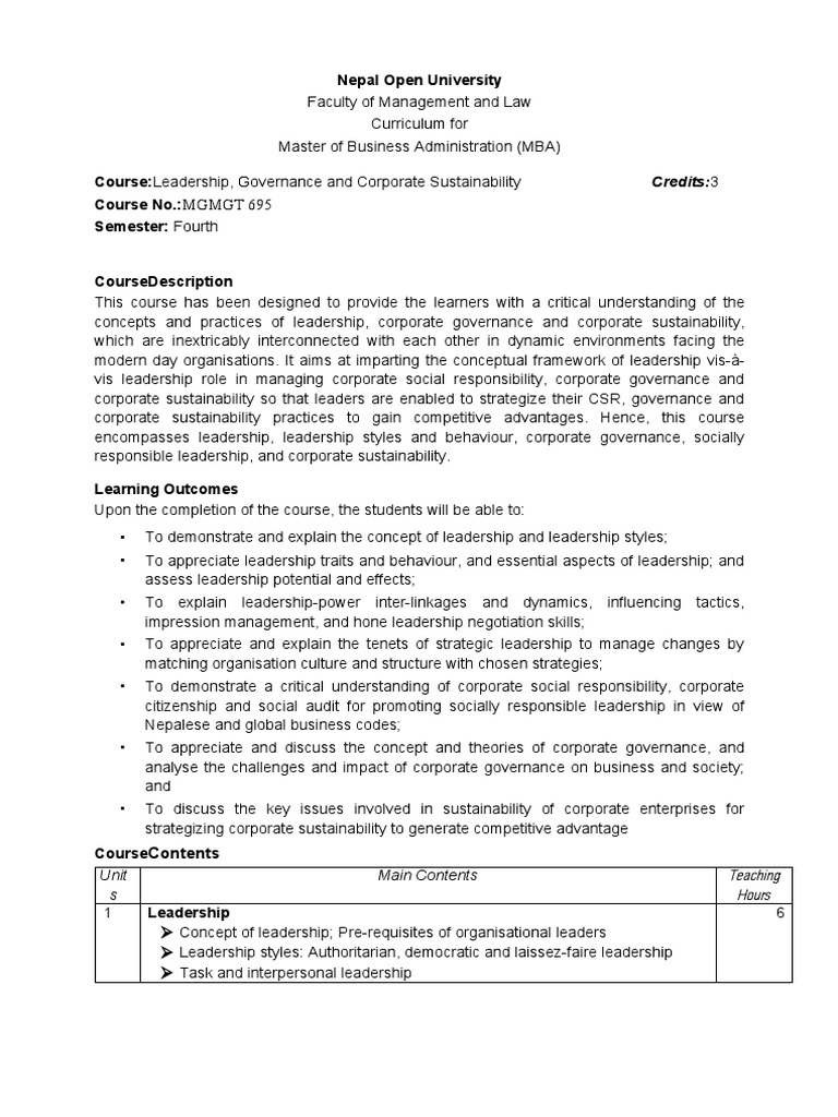 A - SYLLABUS - Leadership & Sustainabilty | PDF | Strategic Leadership ...