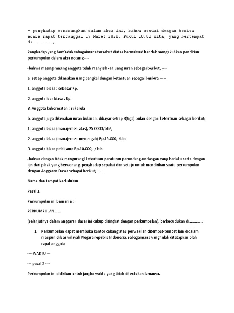 CONTOH AKTA PERKUMPULAN Yang Disahkan | PDF