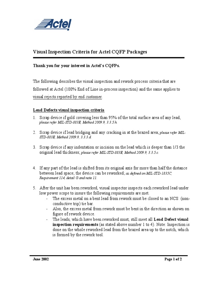 Visual Inspection Criteria For Actel CQFP Packages: Thank You For Your ...