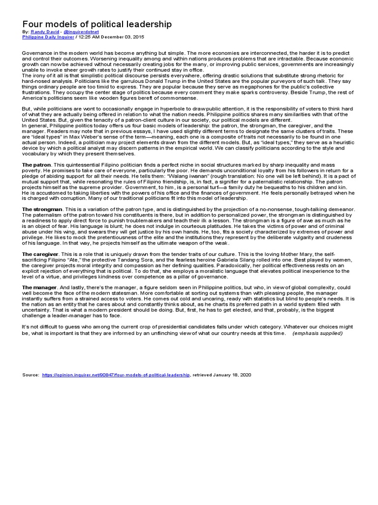 Four Political Leadership Models | PDF
