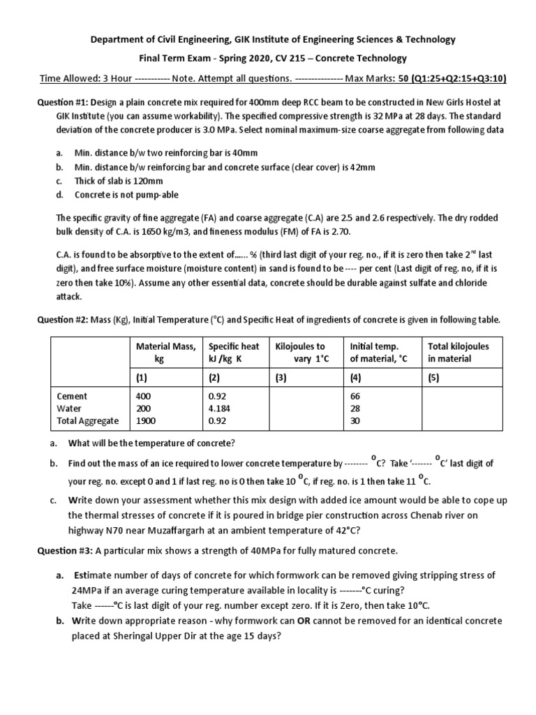 Concrete Final Term Exam | PDF | Concrete | Civil Engineering