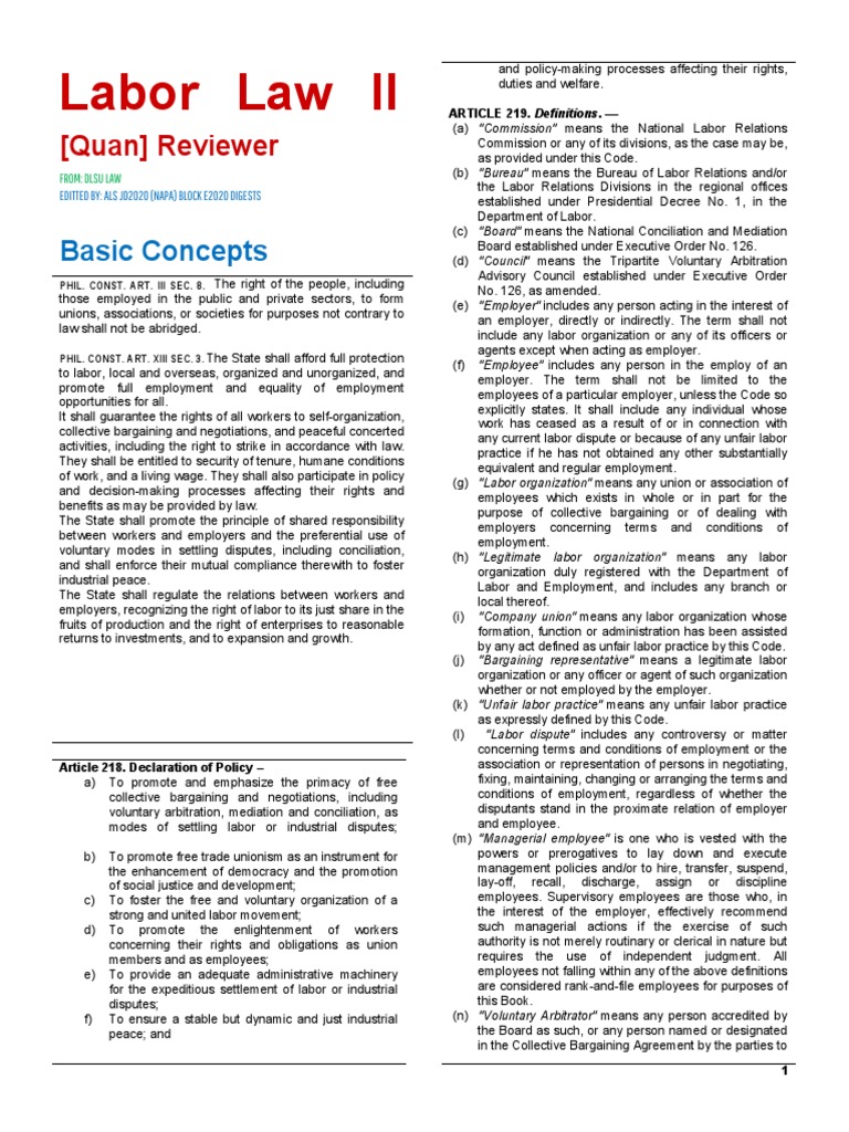 Labor Law II: [Quan] Reviewer | United States Labor Law | Employment