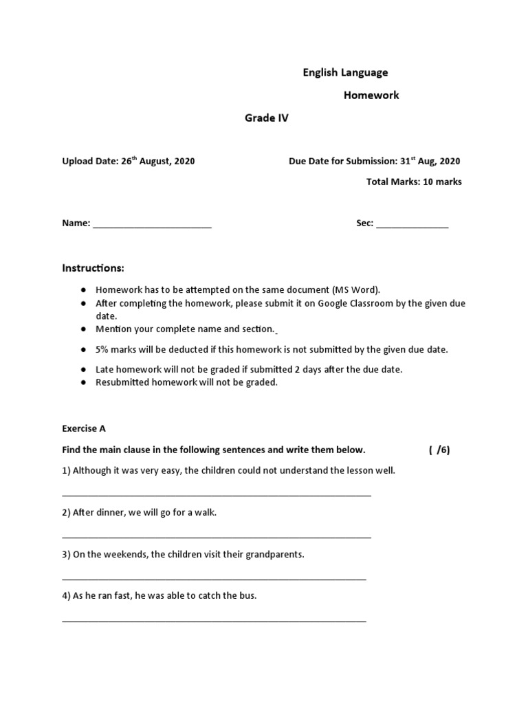 English Language Homework Grade IV: TH ST | PDF