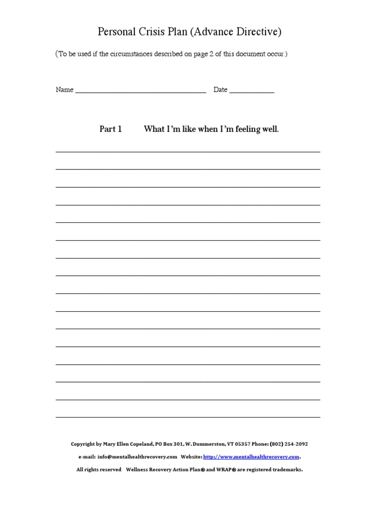 Personal Crisis Plan (Advance Directive) : What I'm Like When I'm ...
