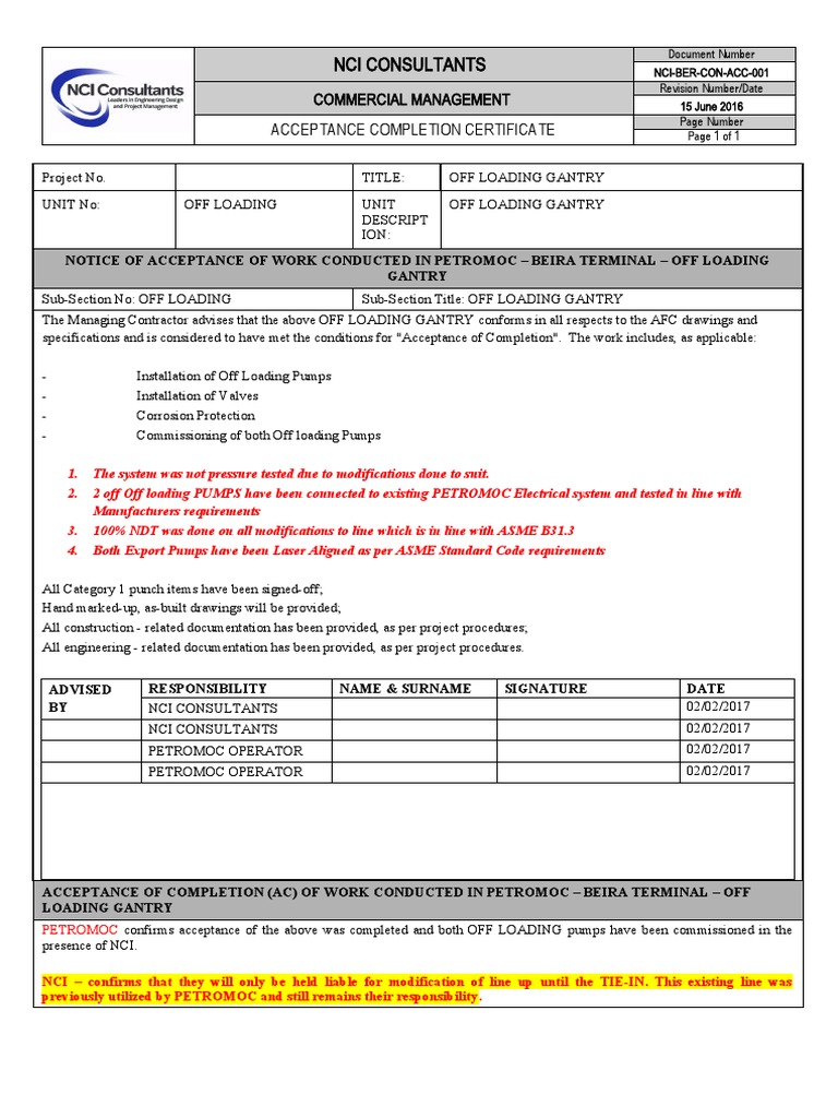 ACCEPTANCE Certificate - OFFLOADING | PDF | Engineering | Mechanical ...