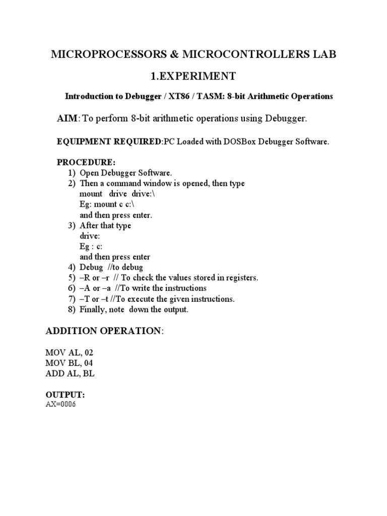 Microprocessors & Microcontrollers Lab 1.experiment: To Perform 8-Bit Arithmetic Operations ...