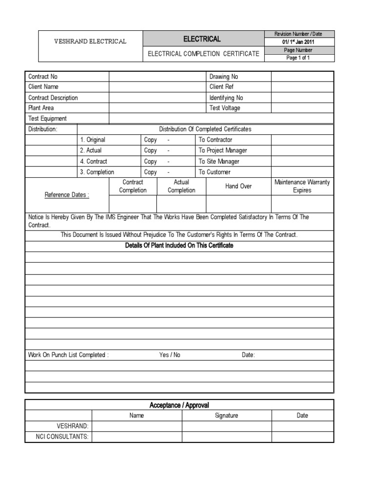 Electrical Completion Certificate | PDF