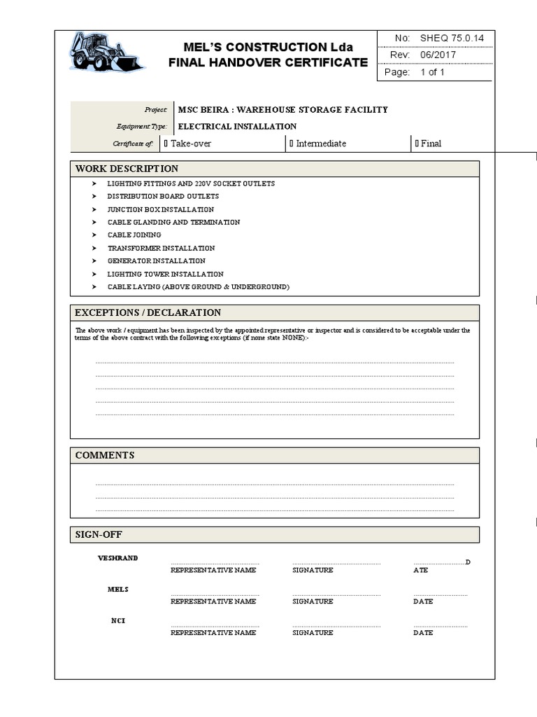 Final Handover Certificate for Electrical Installation | PDF ...