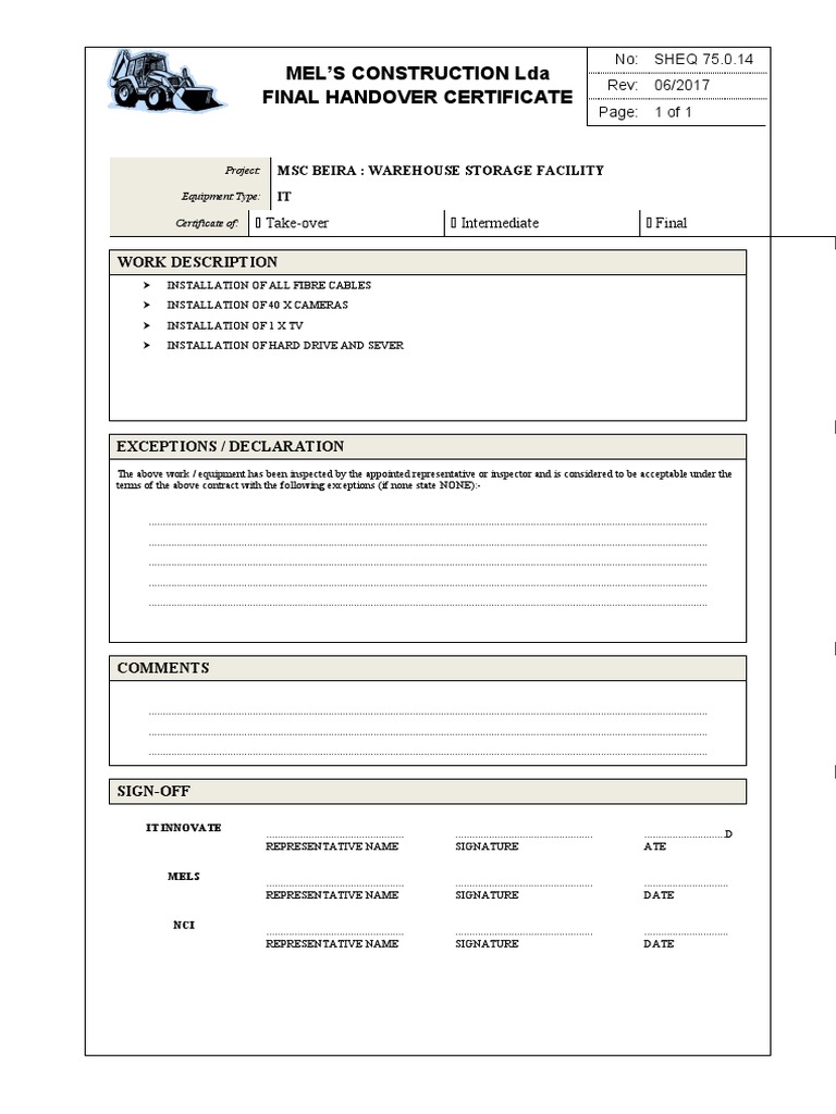 Final Handover Certificate IT | PDF | Business