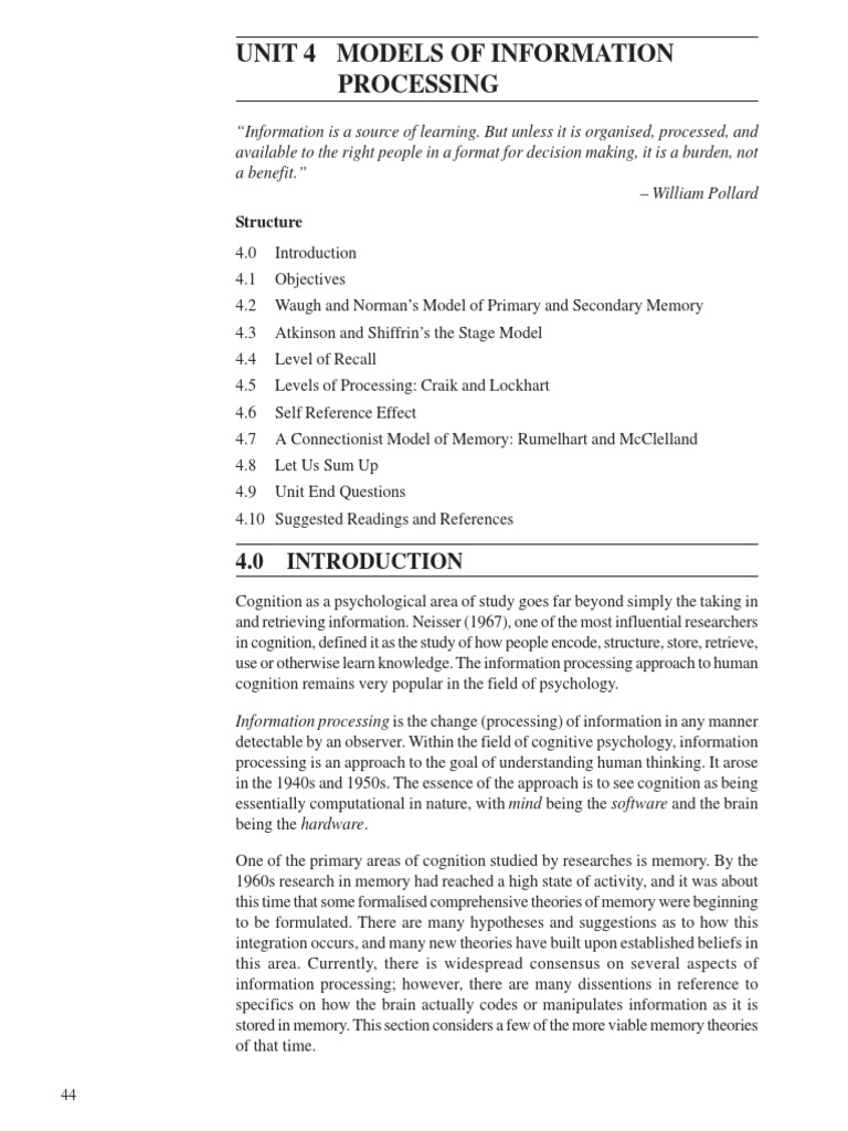 Unit 4 Models of Information Processing: Structure | PDF | Memory | Information Processing