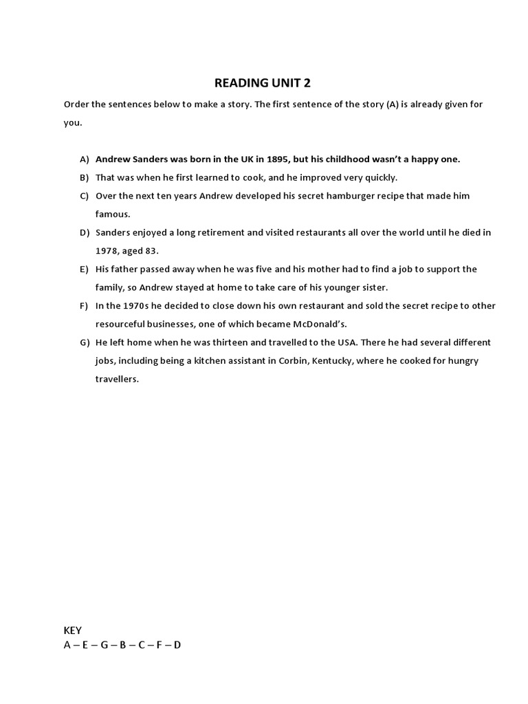 Reading Unit 2: KEY A - E - G - B - C - F - D | PDF