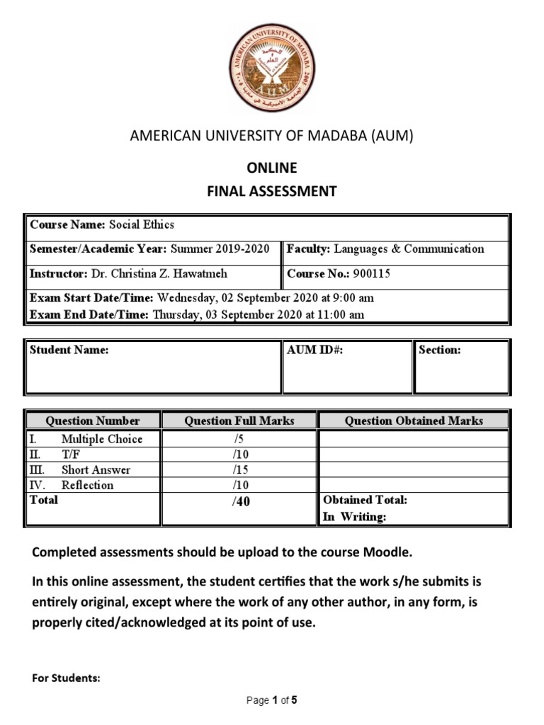 FINAL ASSESSMENT ONLINE - Summer 2020 | PDF | Test (Assessment ...