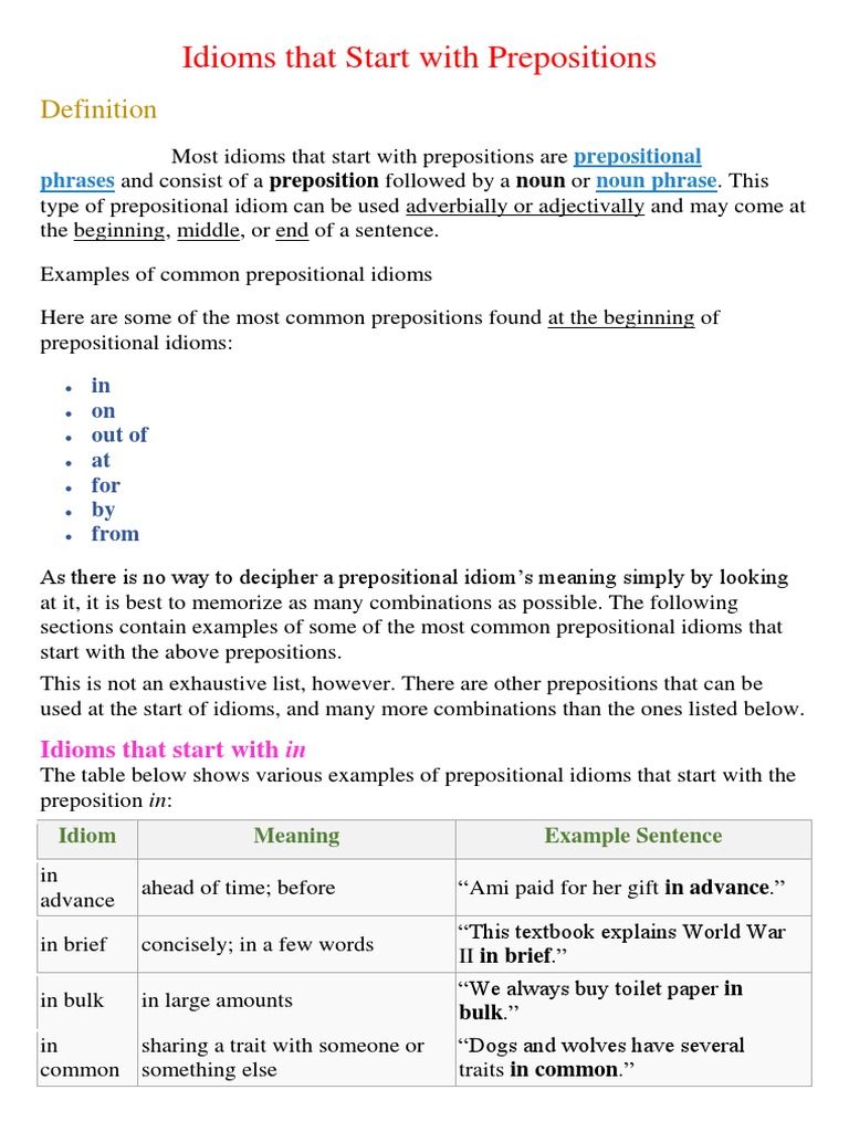 Idioms That Start With Prepositions PDF | PDF | Preposition And ...