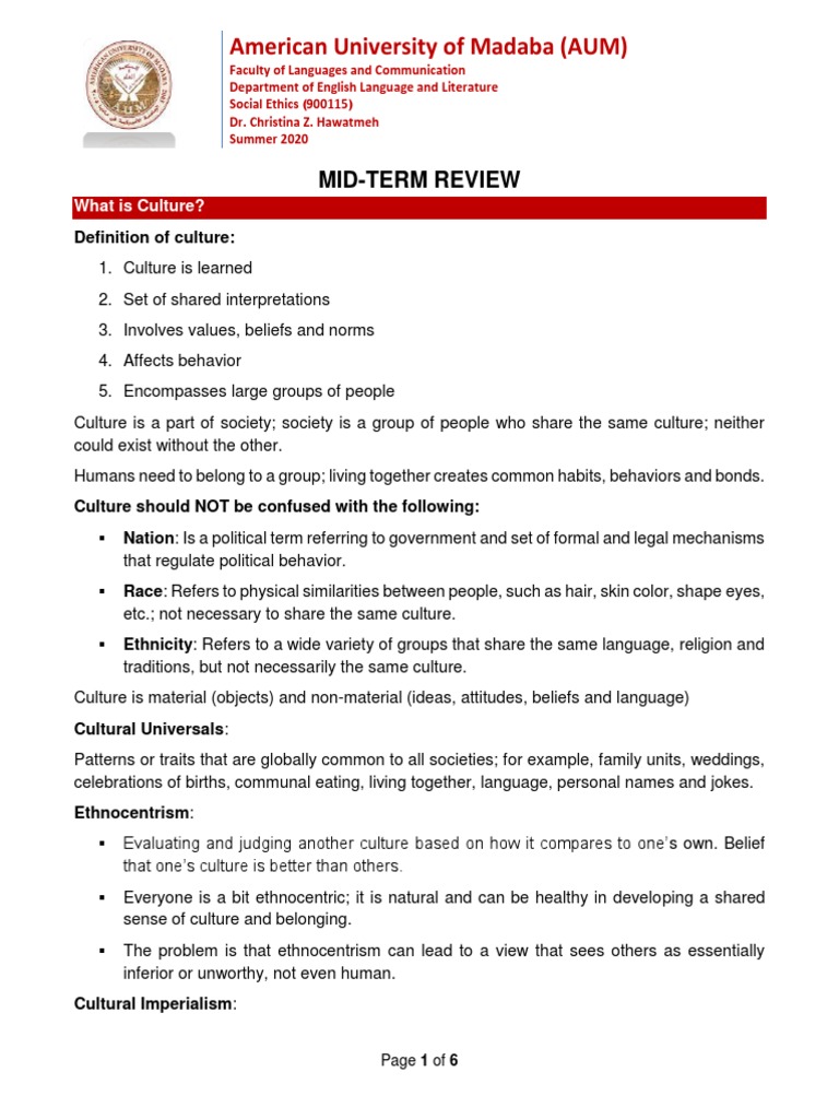 Mid-Term Review Sheet - Summer 2020 | PDF | Value (Ethics) | Morality