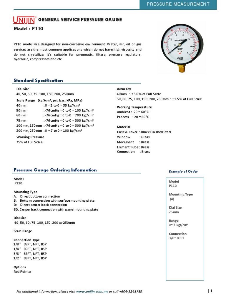 Unijin General Service Pressure Gauge Model: P110: Standard ...