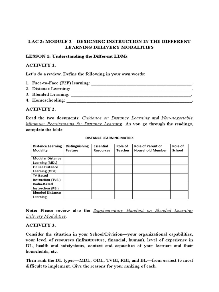 LAC 2 MODULE 3A ACTIVITIES Lesson 8888 | PDF | Distance Education ...
