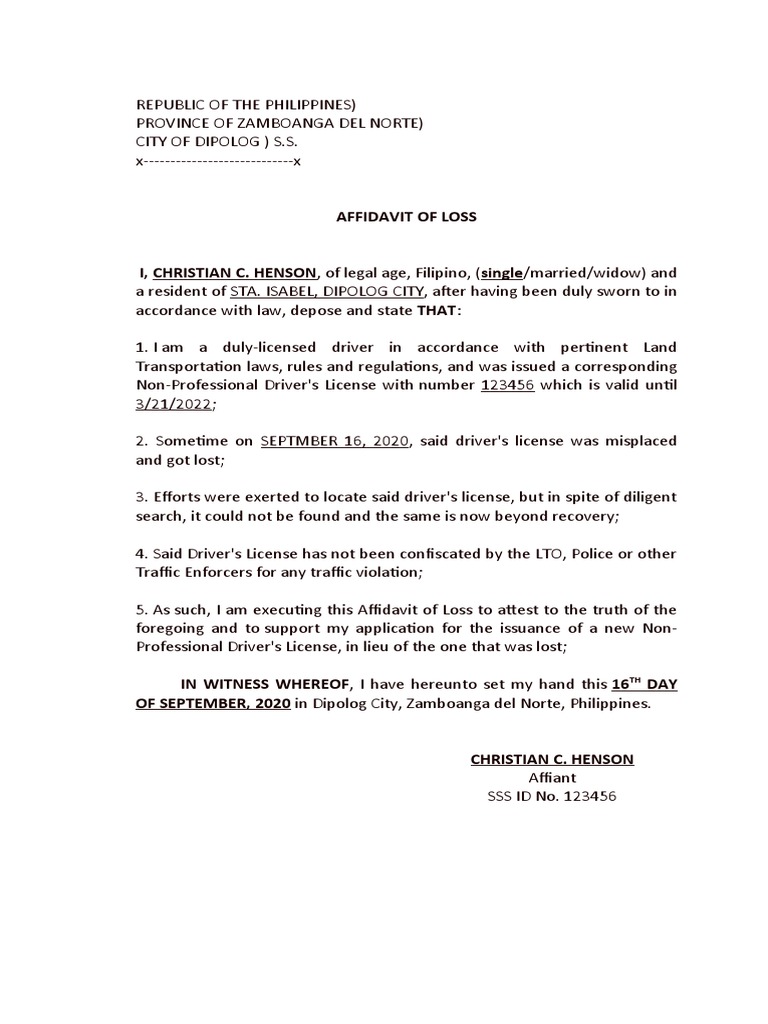 Affidavit of Loss Driver's License | PDF