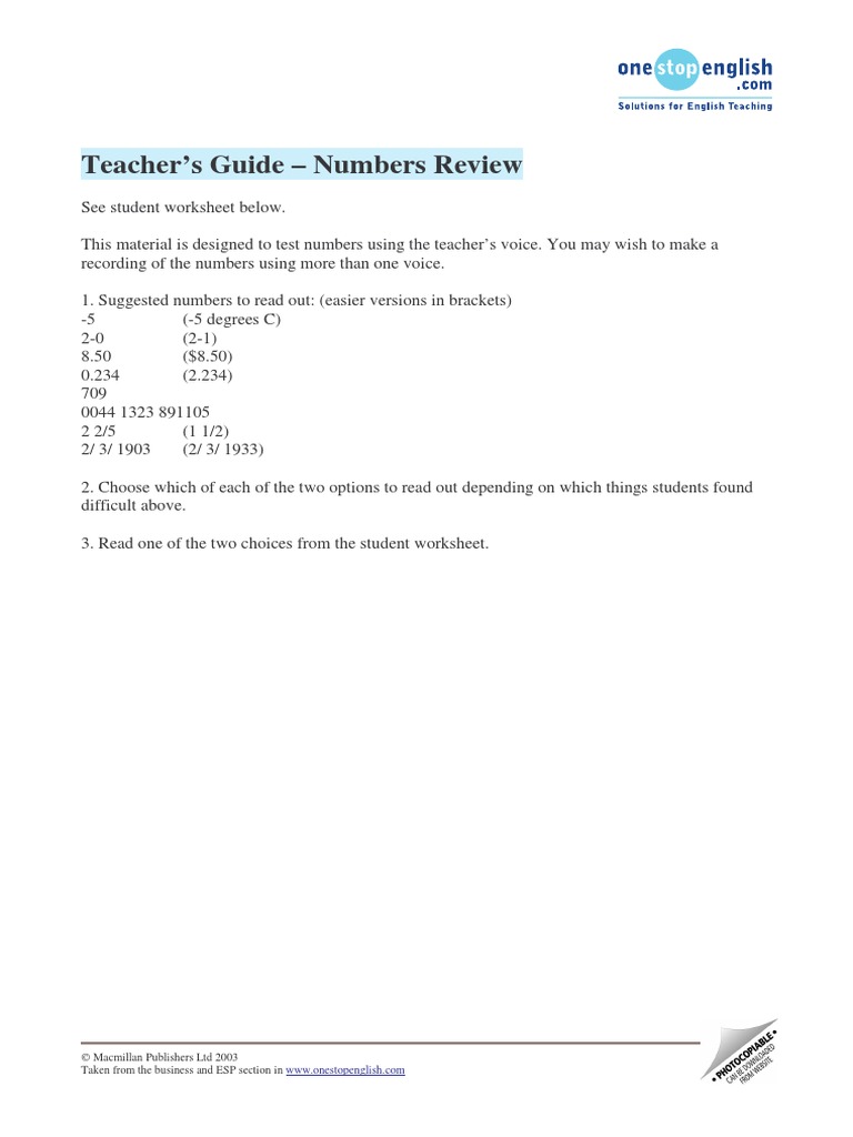Teacher's Guide - Numbers Review: Macmillan Publishers LTD 2003 | PDF ...