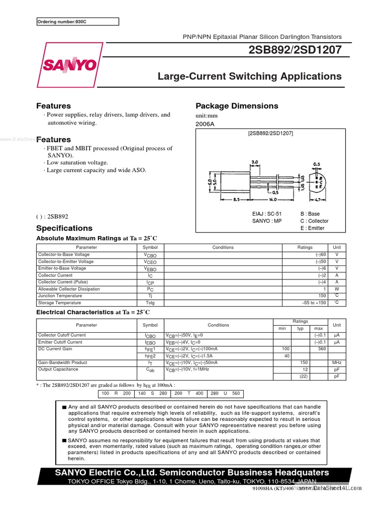 D1207 SanyoSemiconductor | PDF | Bipolar Junction Transistor | Computer ...