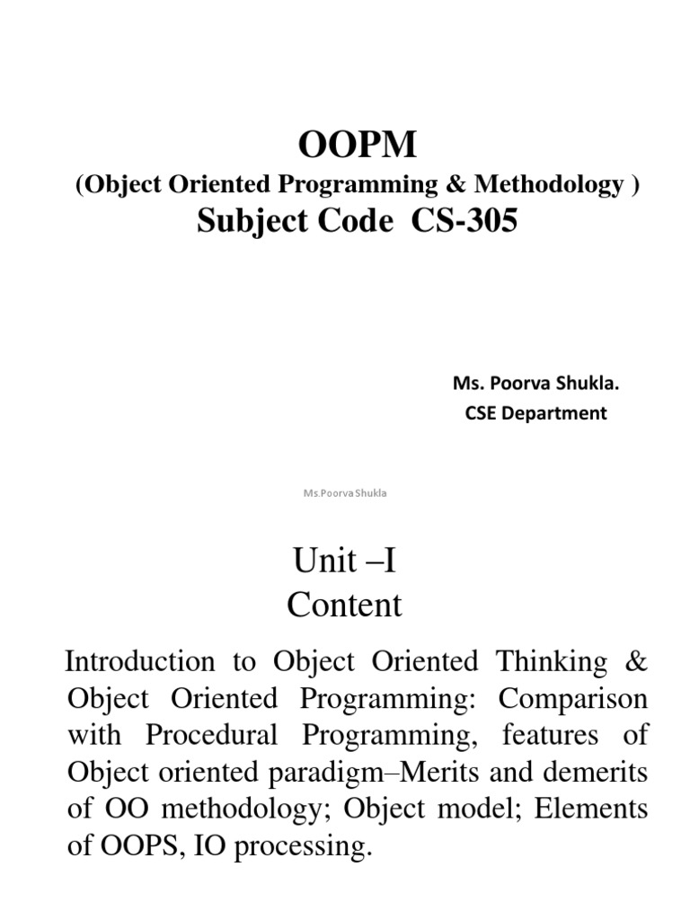 Subject Code CS-305: (Object Oriented Programming & Methodology) | PDF ...