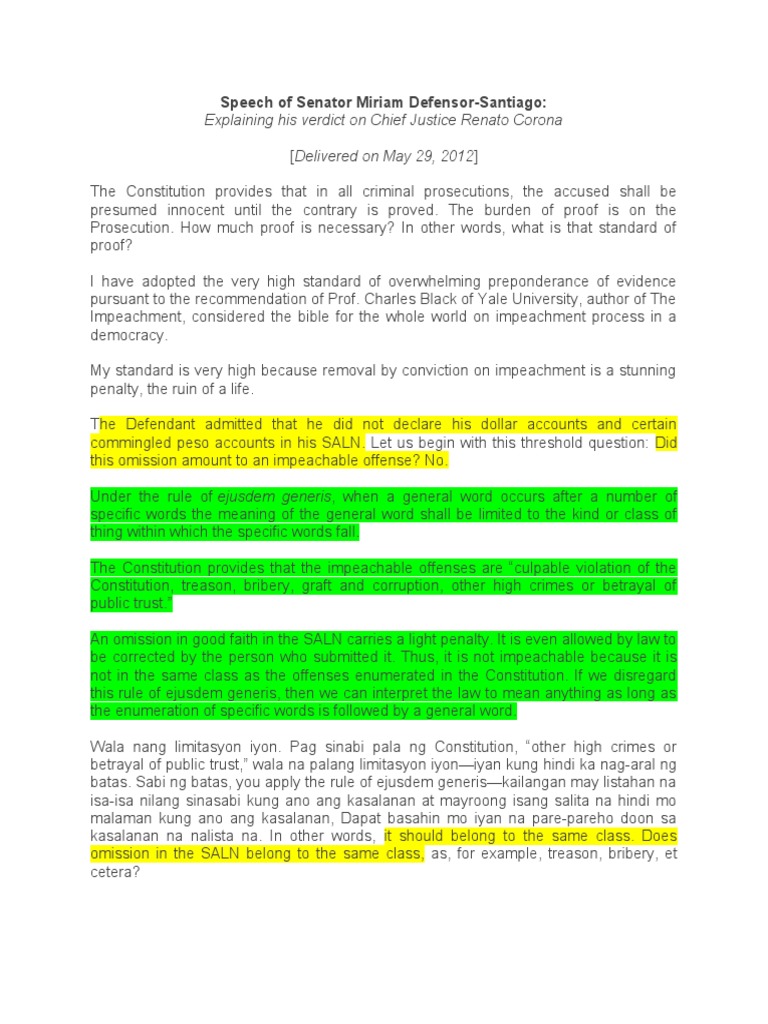 Speech of Senator Miriam Defensor - Legal Writing | PDF | Impeachment ...