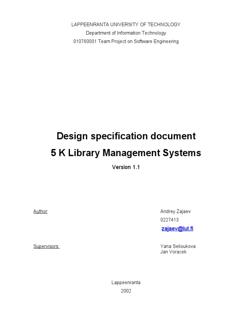 Design Specification Document 5 K Library Management Systems | PDF ...